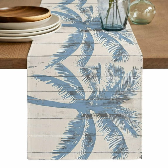 Blue Palm Tree Table Runner, Coastal Summer Vintage Washable Cotton ...