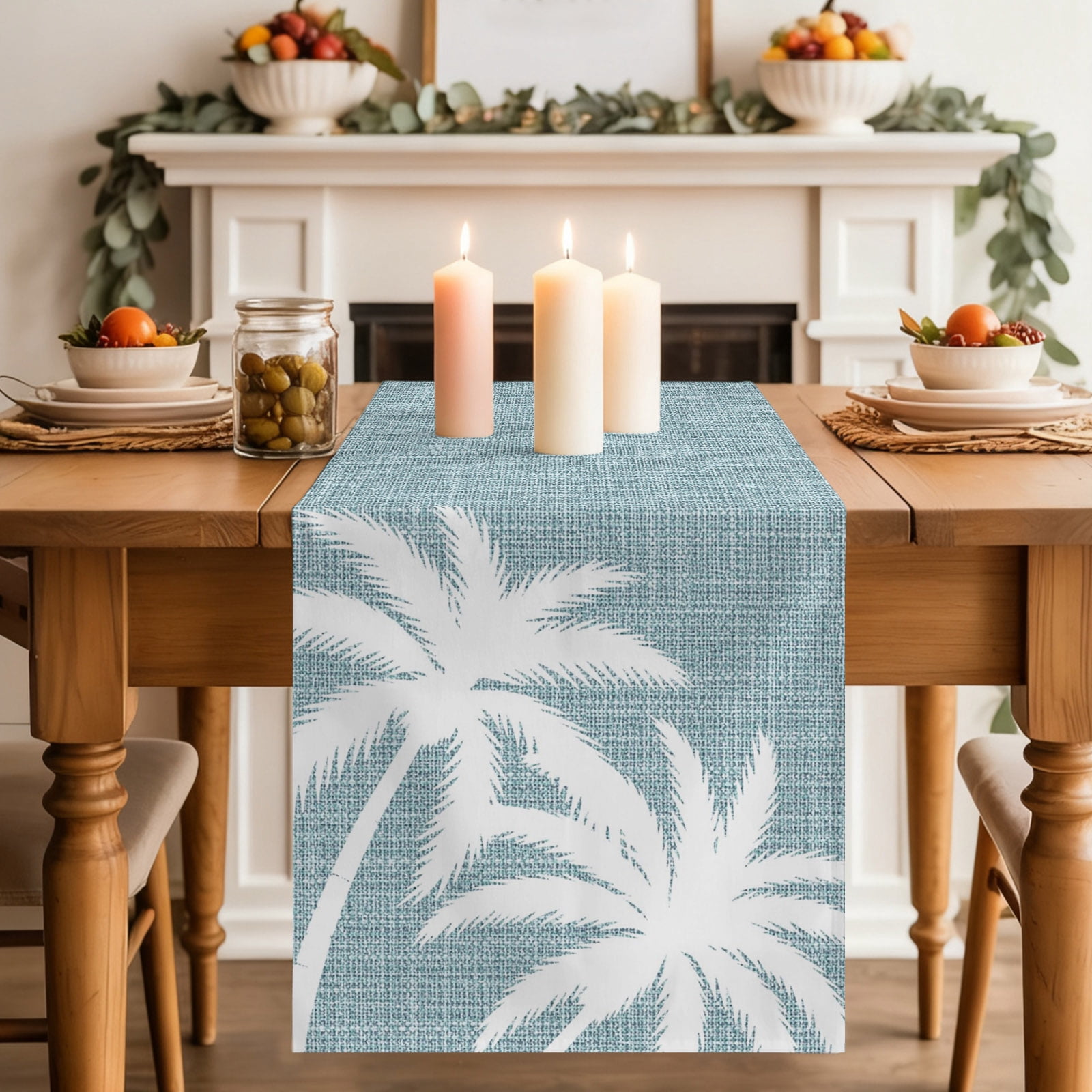 Blue Palm Tree Table Runner, Summer Tropical Beach Country Tree Leaf ...