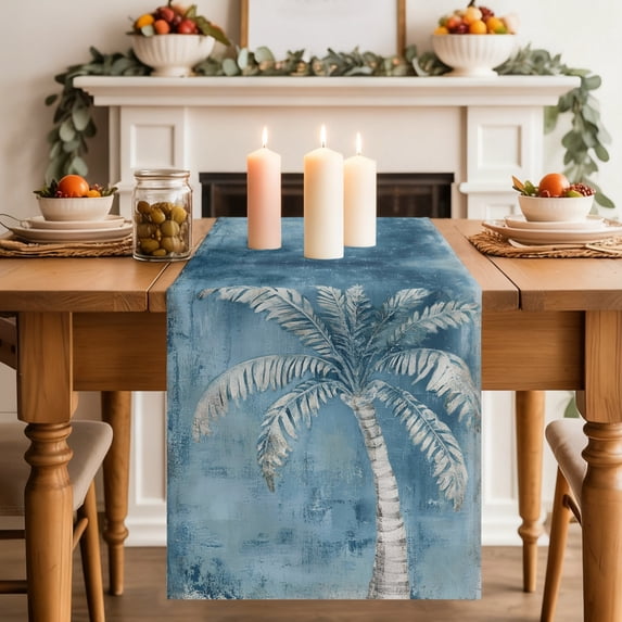 Blue Palm Tree Table Runner, Summer Tropical Plant Botanical Abstract ...