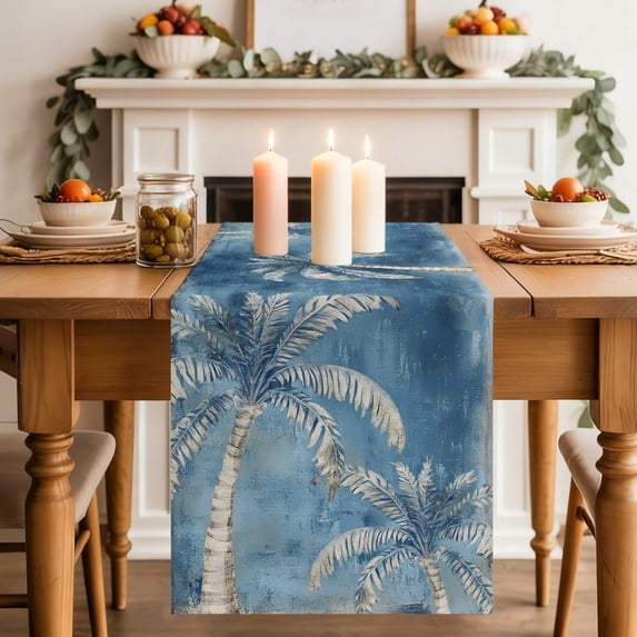 Blue Palm Tree Table Runner, Tropical Plant Summer Abstract Washable ...