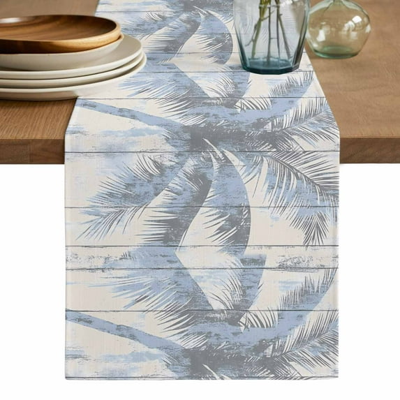 Blue Palm Tree Table Runner, Vintage Wooden Summer Botanical Washable ...