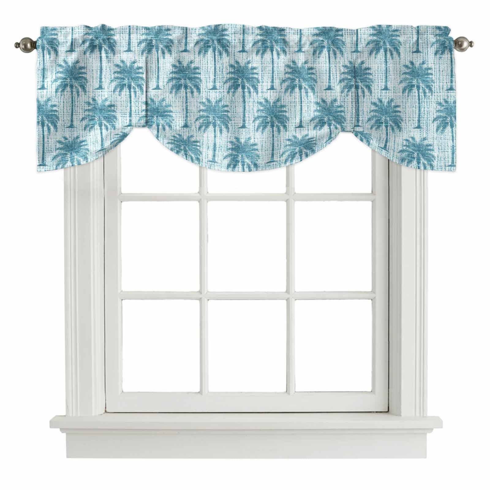 Blue Palm Tree Tie Up Valance Curtains Country Linen Texture Tropical ...