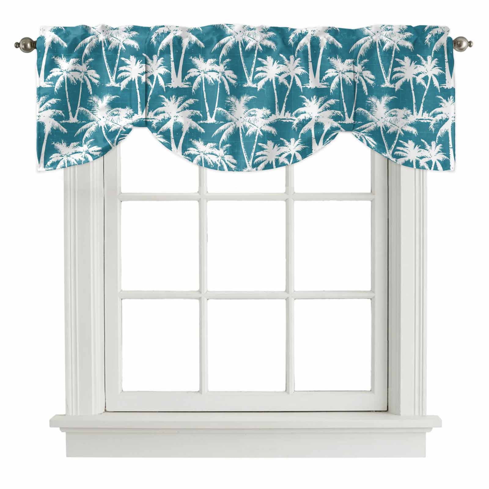 Blue Palm Tree Tie Up Valance Curtains Summer Tropical Country Coastal ...