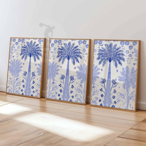 Blue Palm Tree Tropical Trio Chinoiserie Coastal Wall Art Home Decor ...