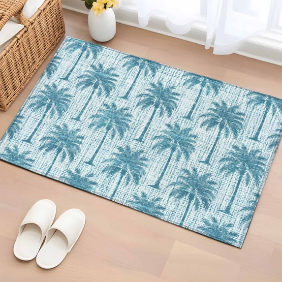 Blue Palm Tree Washable Area Rug 2 x 3 ft Country Linen Texture ...