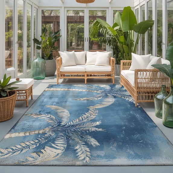 Blue Palm Tree Washable Living Room Rugs 5'x7', Tropical Plant Summer ...