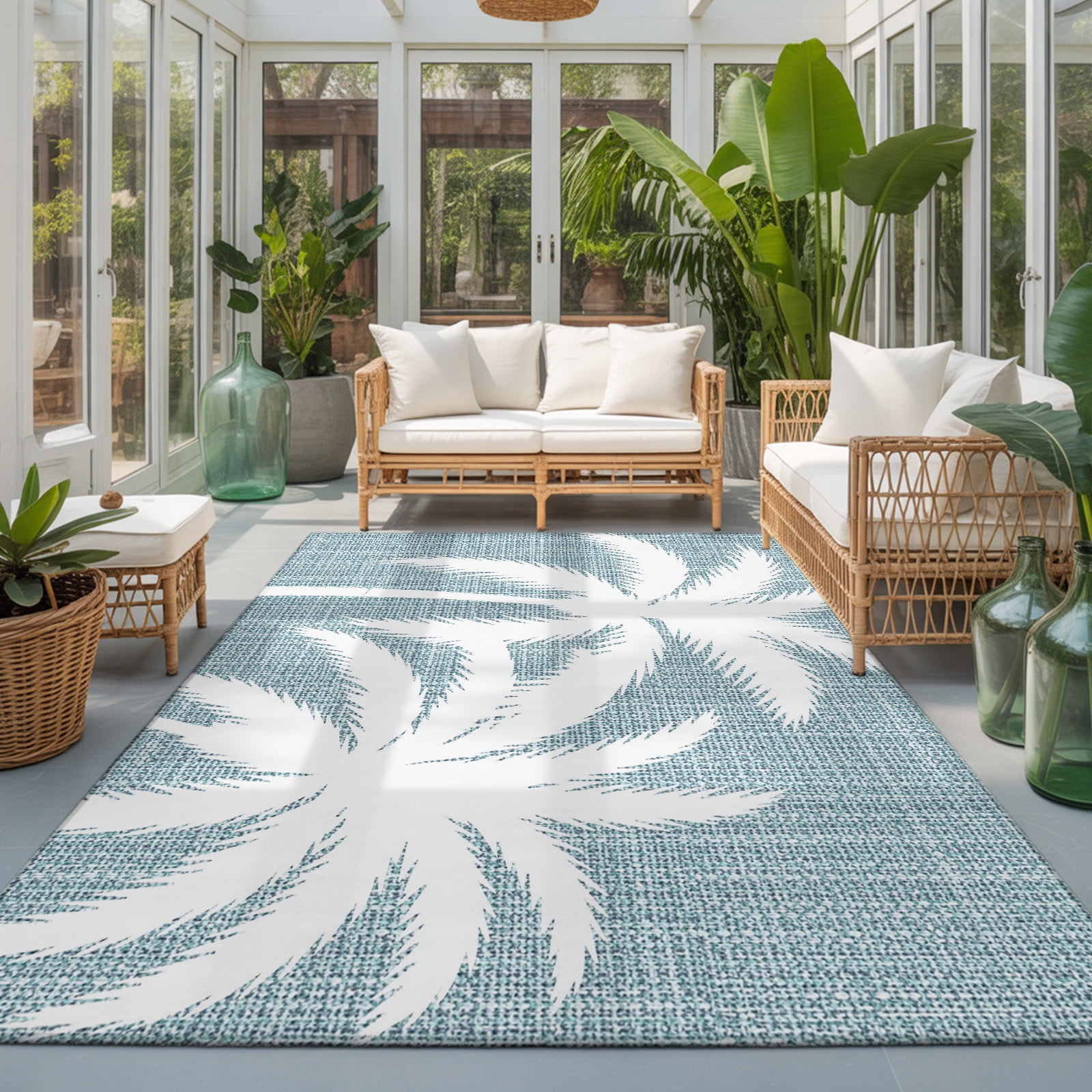 Blue Palm Tree Washable Living Room Rugs 6'x9', Summer Tropical Beach ...