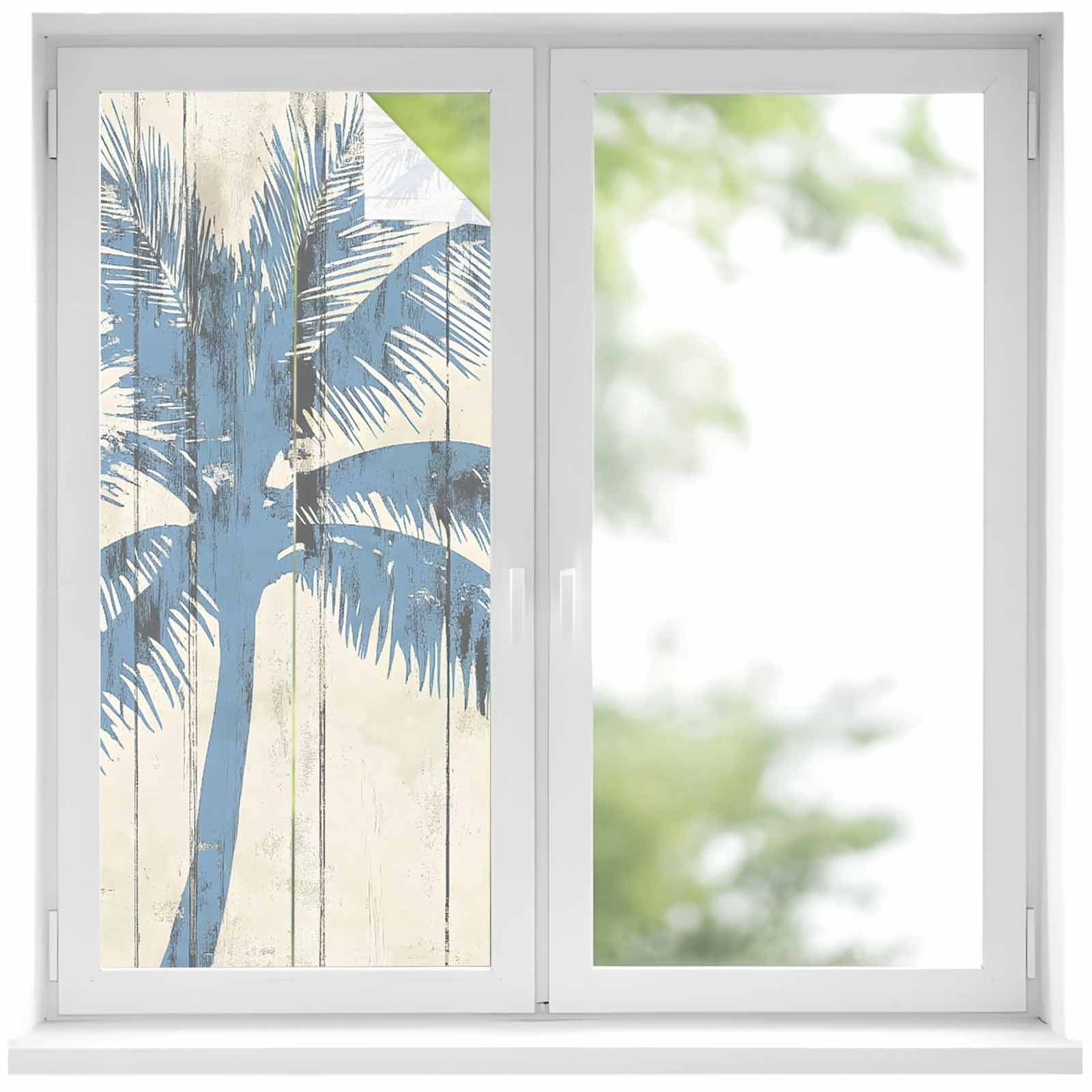 Blue Palm Tree Window Privacy Film, Coastal Summer Vintage Static Cling ...