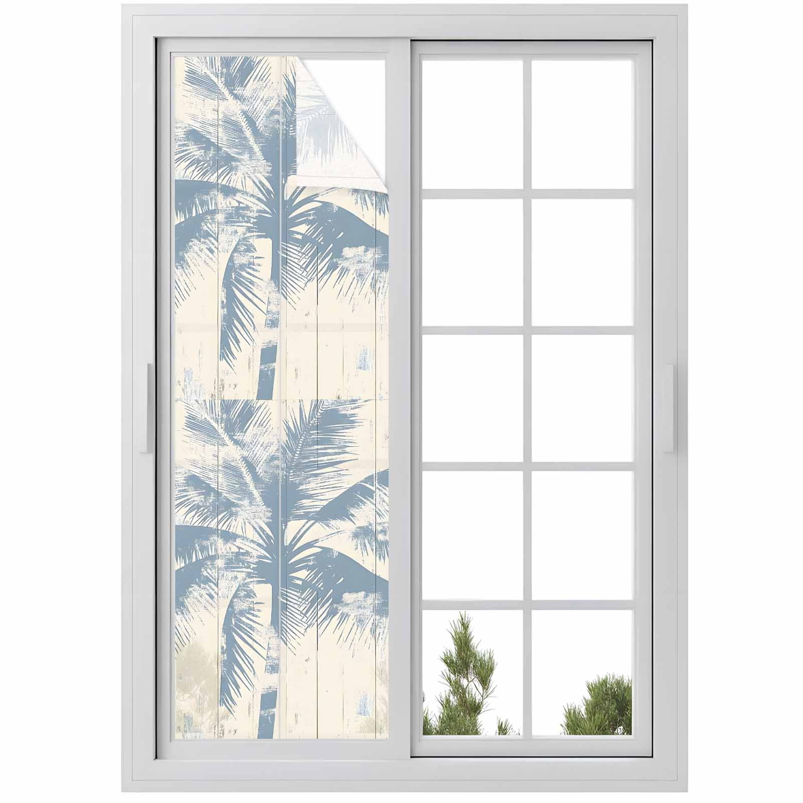 Blue Palm Tree Window Privacy Film, Coastal Summer Wooden Static Cling ...