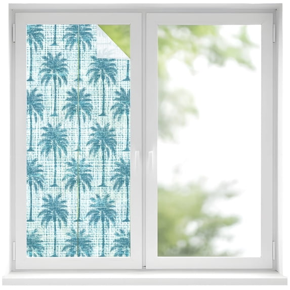 Blue Palm Tree Window Privacy Film, Country Linen Texture Tropical ...