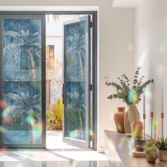 Blue Palm Tree Window Privacy Film Summer Tropical Plant Botanical ...
