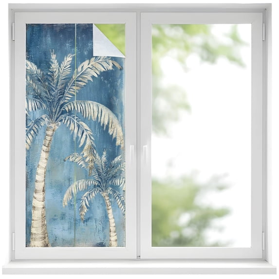 Blue Palm Tree Window Privacy Film, Tropical Plant Summer Abstract ...