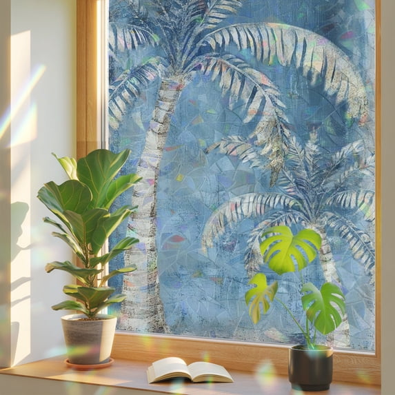 Blue Palm Tree Window Privacy Film, Tropical Plant Summer Abstract ...