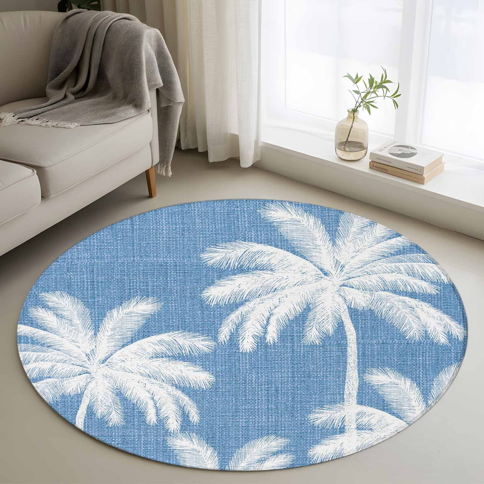 Blue Palm Trees 3FT Round Area Rugs Summer Beach Tropical Farmhouse ...