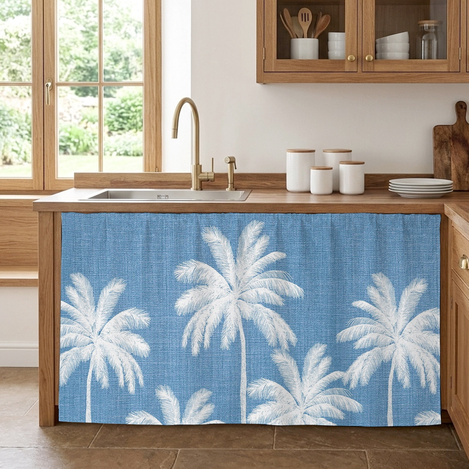 Blue Palm Trees Cabinet Curtains 28" W x 51" L, Summer Beach Tropical ...
