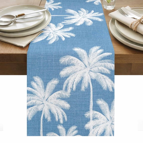 Blue Palm Trees Cotton Linen Table Runner Summer Beach Tropical ...