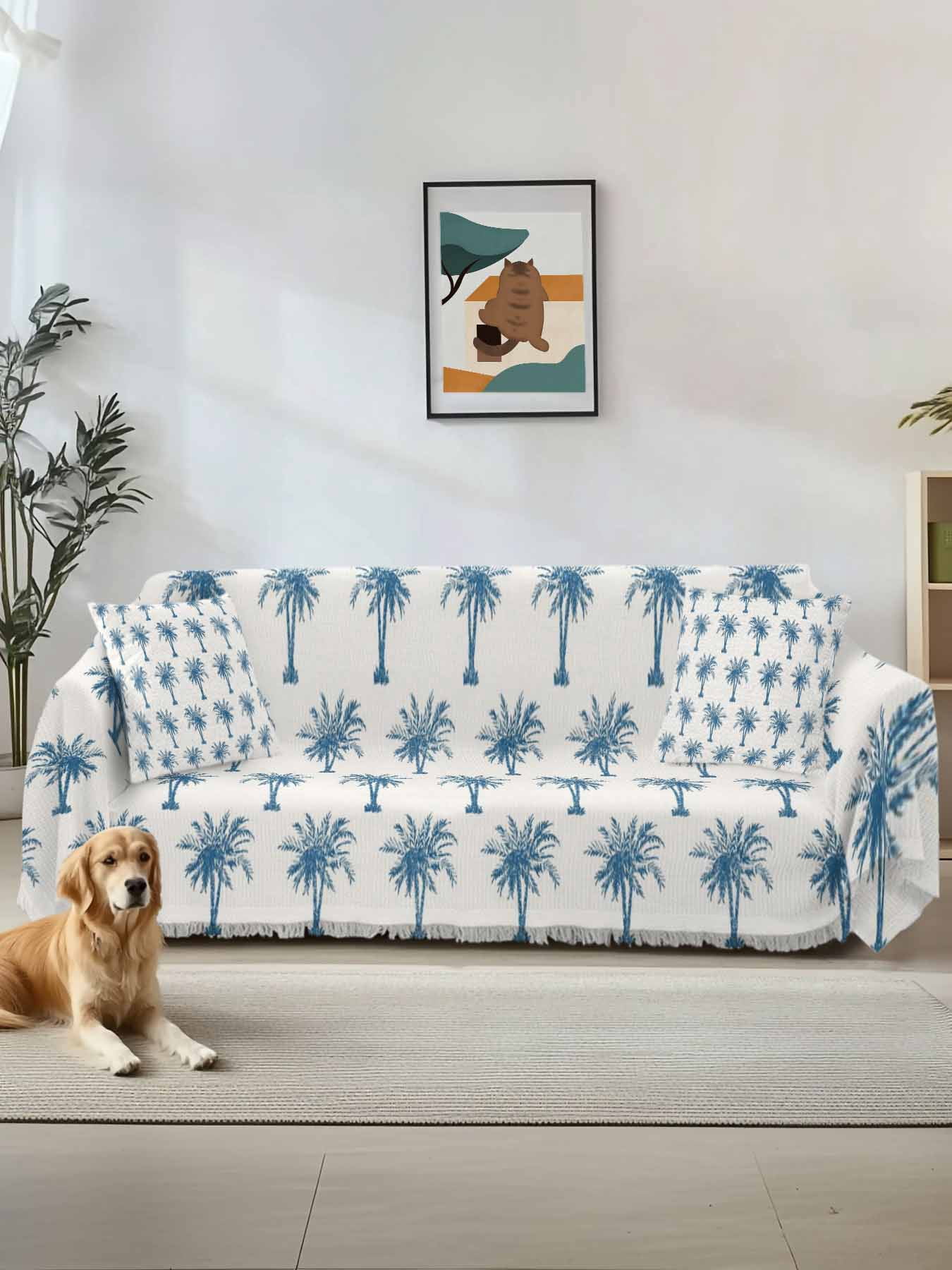 Blue Palm Trees Couch Cover for Dogs, Summer Botanical Tropical Plants ...
