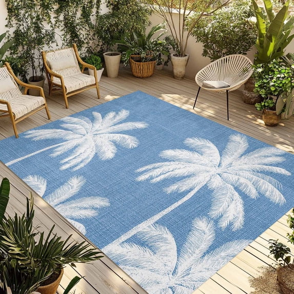 Blue Palm Trees Outdoor Rug 4x6 ft Summer Beach Tropical Farmhouse Non ...