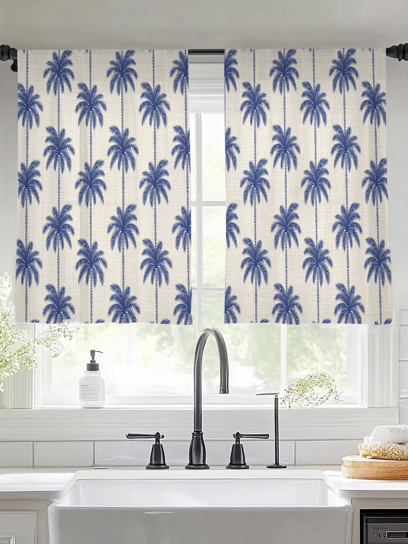 Blue Palm Trees Sheer Curtains 54 inches Long, Summer Beach Coastal ...