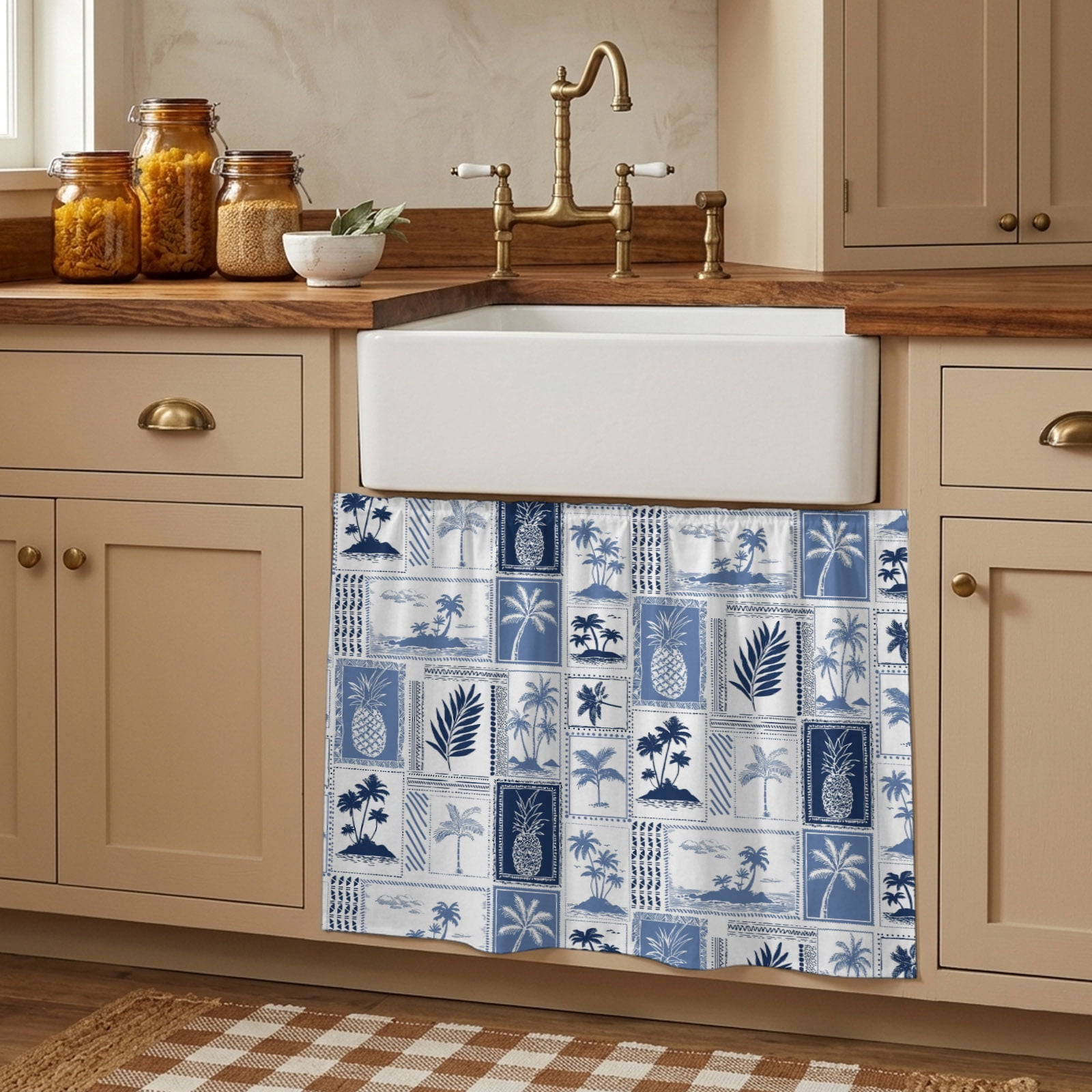 Blue Palm Trees Small Cabinet Curtains 11"W x 13"L, Summer Tropical ...