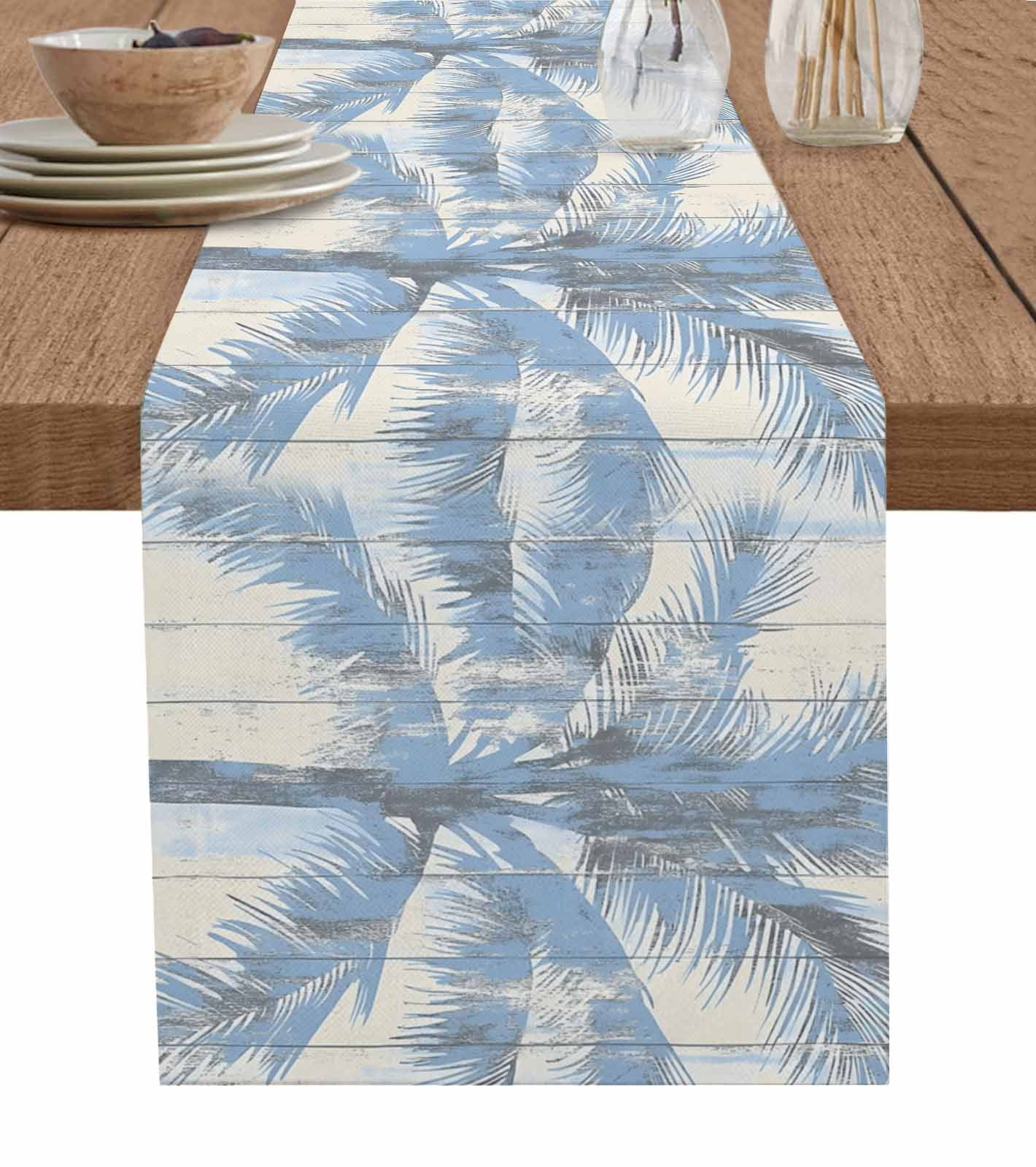 Blue Palm Trees Table Runner 72 Inches, Vintage Summer Botanical Wooden ...