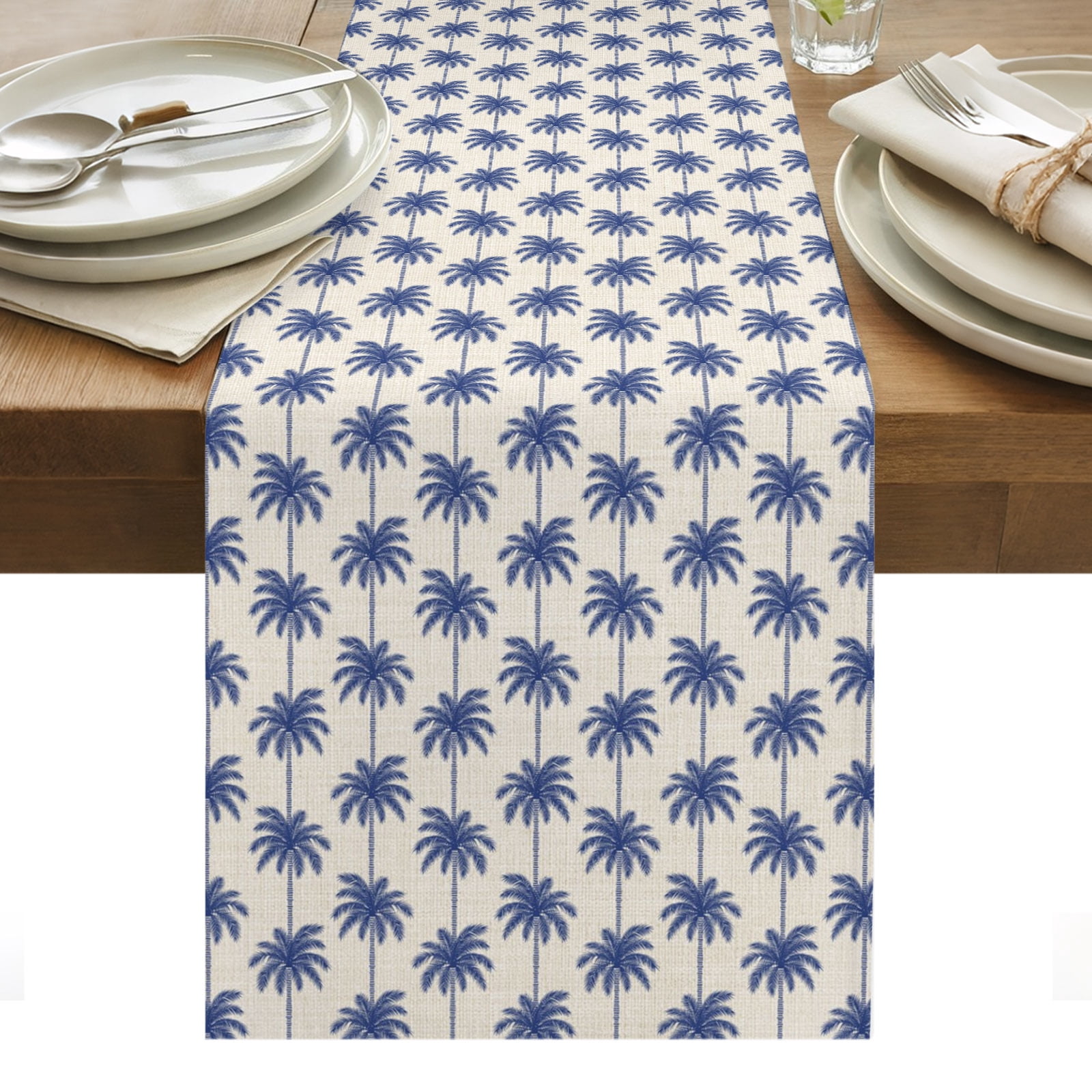 Blue Palm Trees Table Runner, Summer Beach Coastal Vintage Country Tree ...