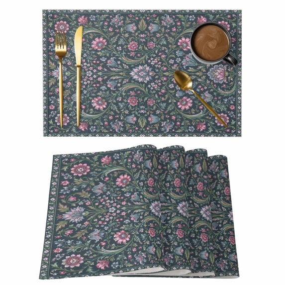 Blue Palmette Flower Buds Placemats Set of 4 Bohemian Floral Vines ...