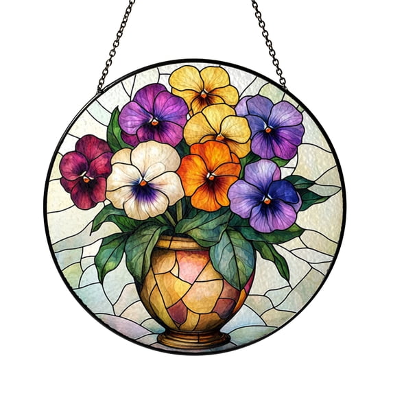 Blue Pansy Flower Stained Glass Suncatcher Round Window Hanging Decor ...