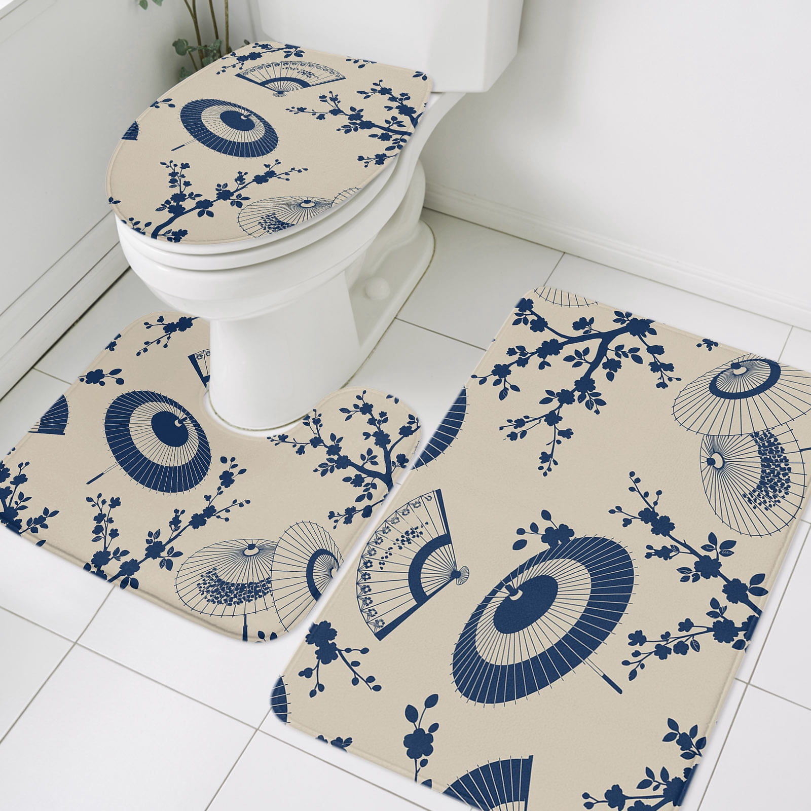 Blue Paper Fan Bathroom Rugs Set Cherry Blossom Branch Japanese Style ...