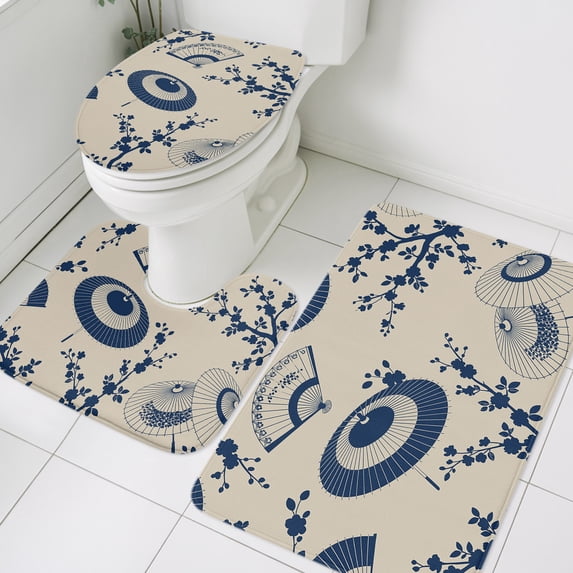 Blue Paper Fan Bathroom Rugs Set Cherry Blossom Branch Japanese Style ...