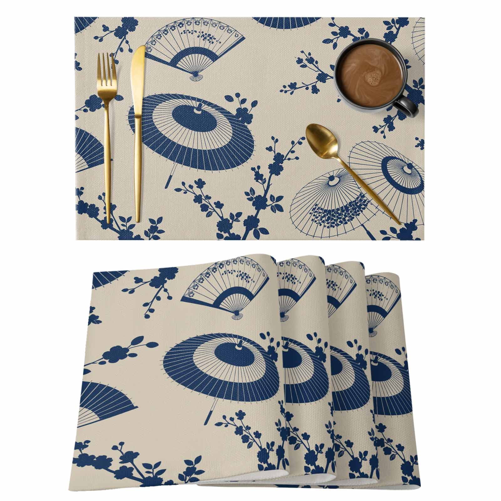 Blue Paper Fan Cotton Linen Placemats Set of 8, Cherry Blossom Branch ...