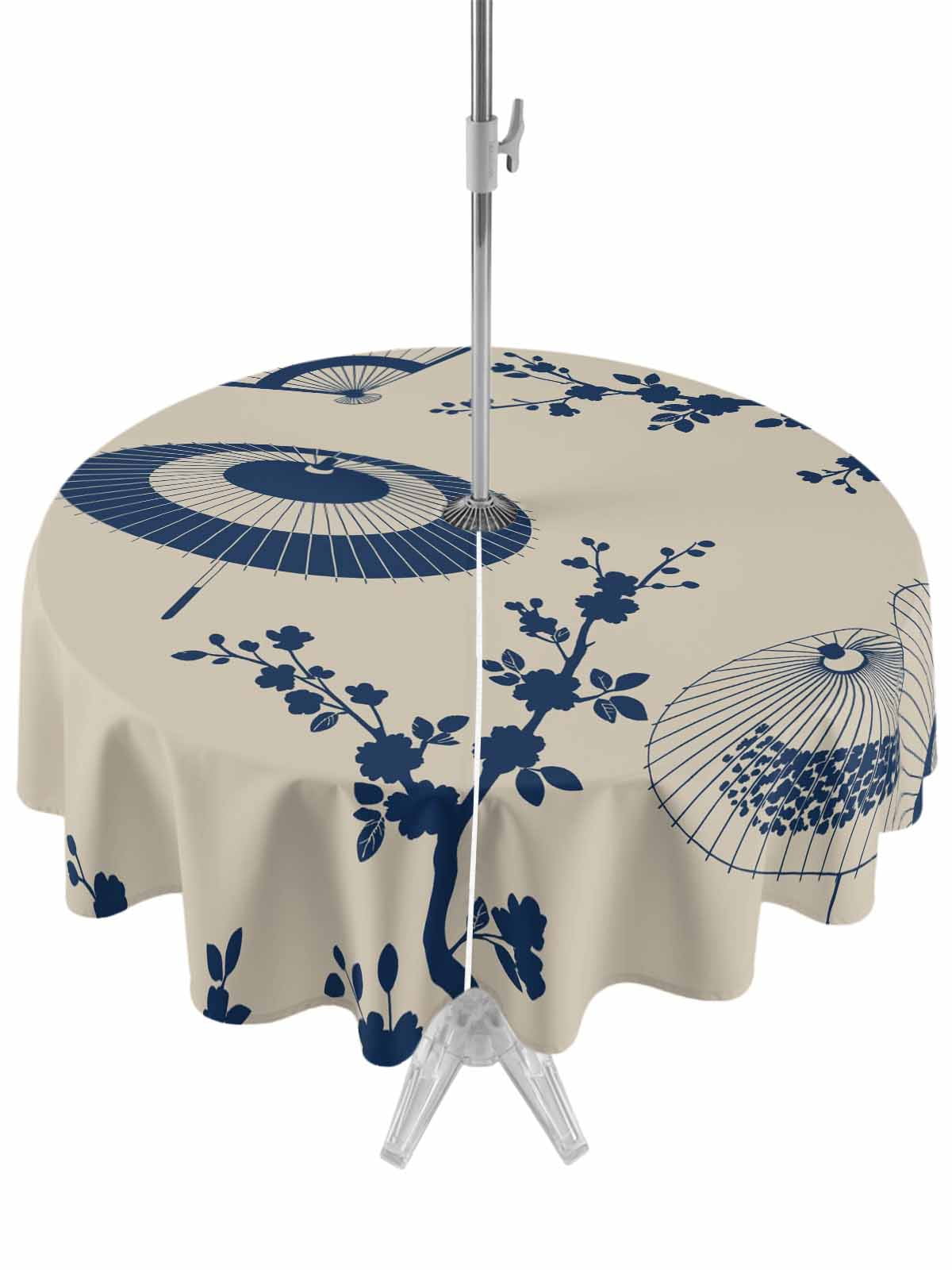 Blue Paper Fan Round Outdoor Tablecloth with Umbrella Hole Cherry ...