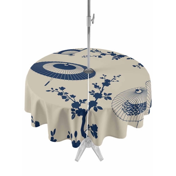 Blue Paper Fan Round Outdoor Tablecloth with Umbrella Hole Cherry ...