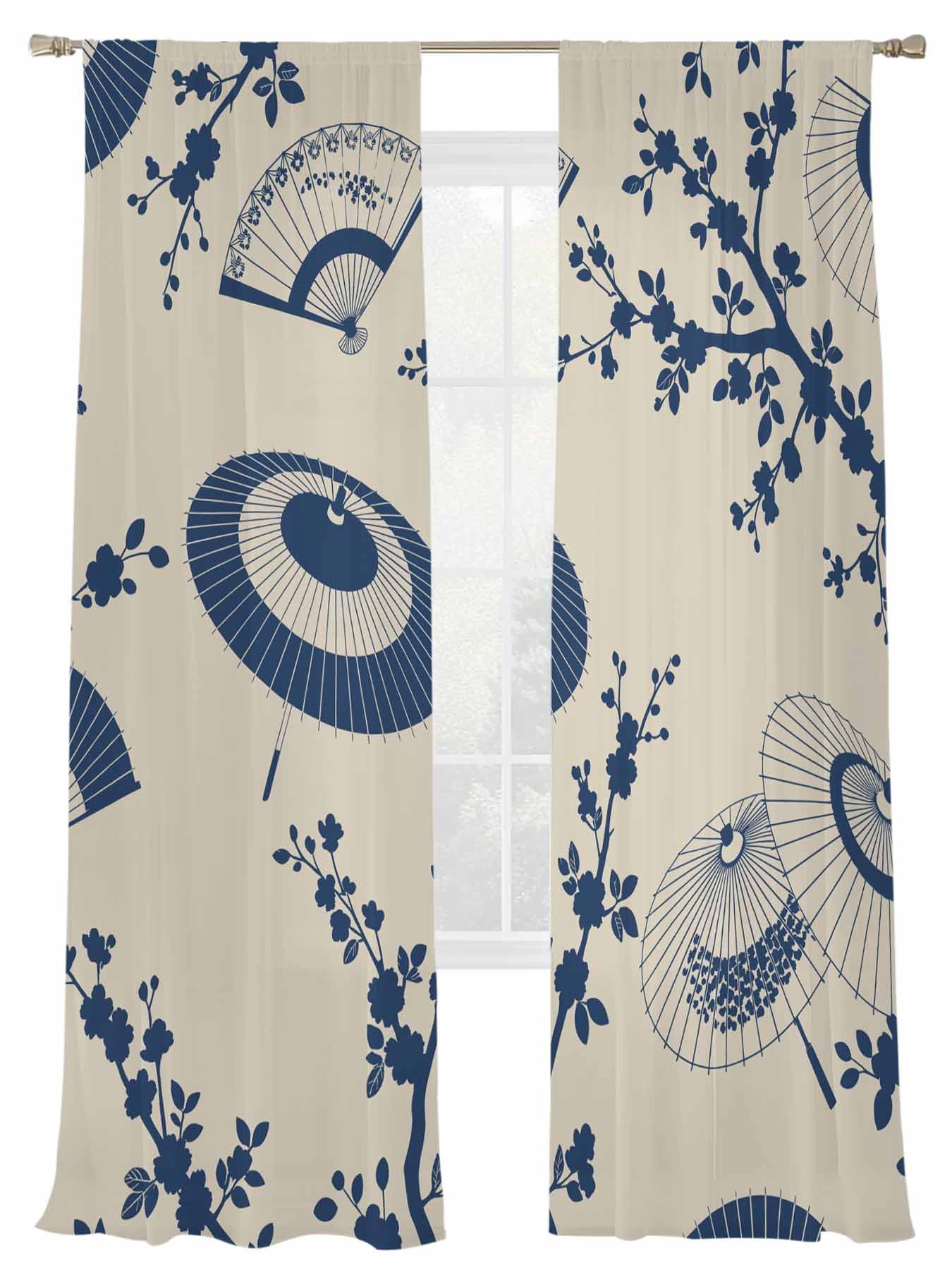 Blue Paper Fan Sheer Curtains 2 Panels Set Cherry Blossom Branch ...