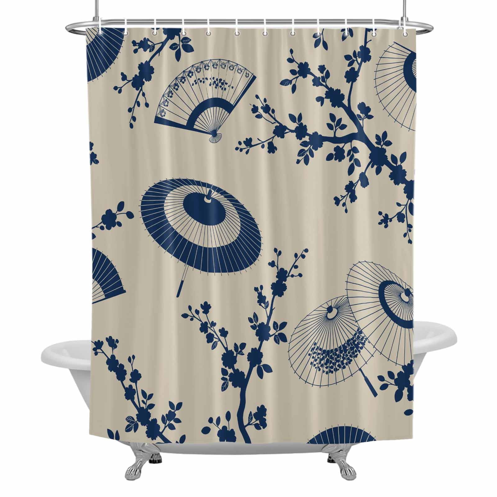 Blue Paper Fan Shower Curtain for Bathroom, Cherry Blossom Branch ...