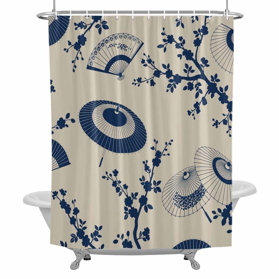 Blue Paper Fan Shower Curtain for Bathroom, Cherry Blossom Branch ...