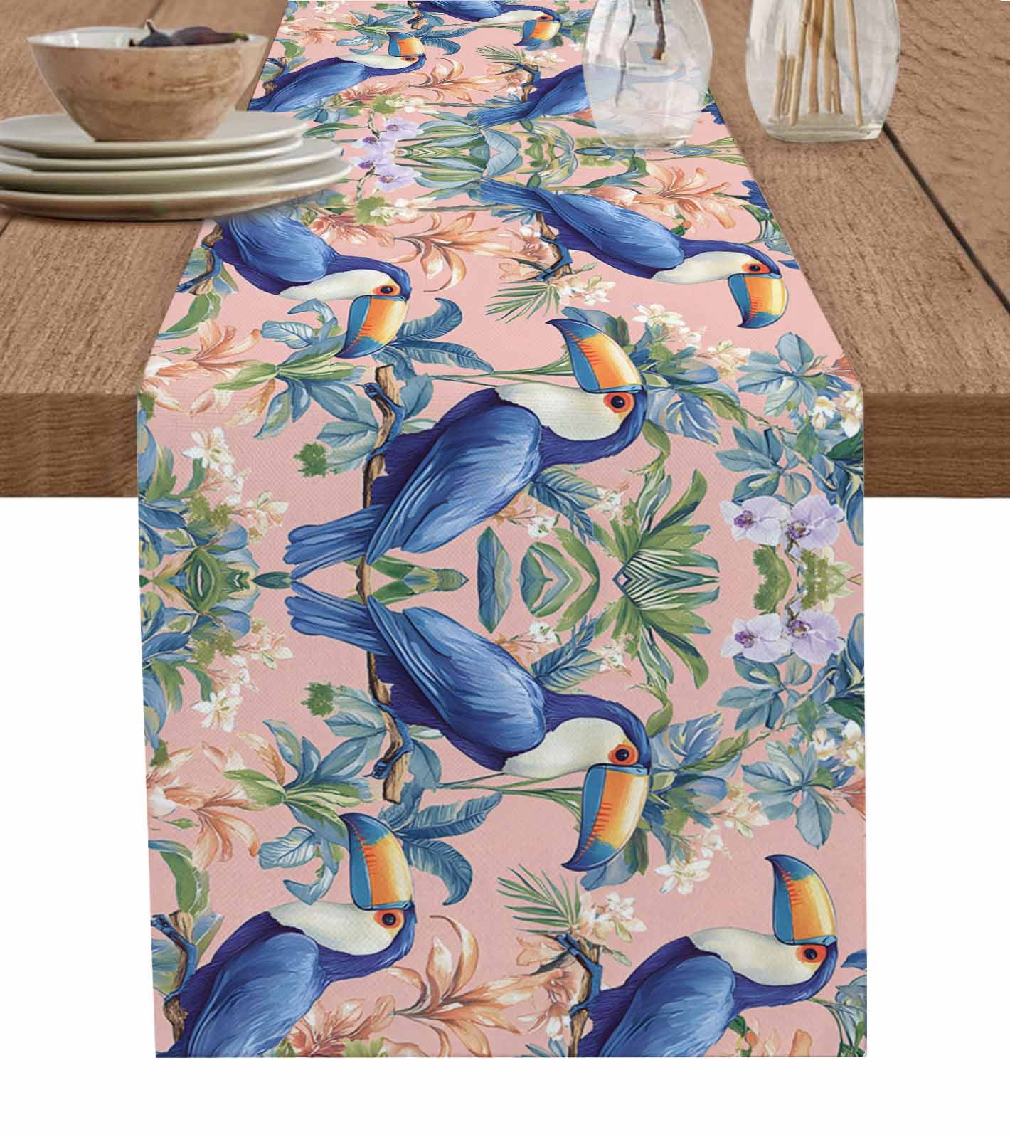 Blue Parrot Table Runner Cotton Linen 36 Inch Holiday Dresser Scarves ...
