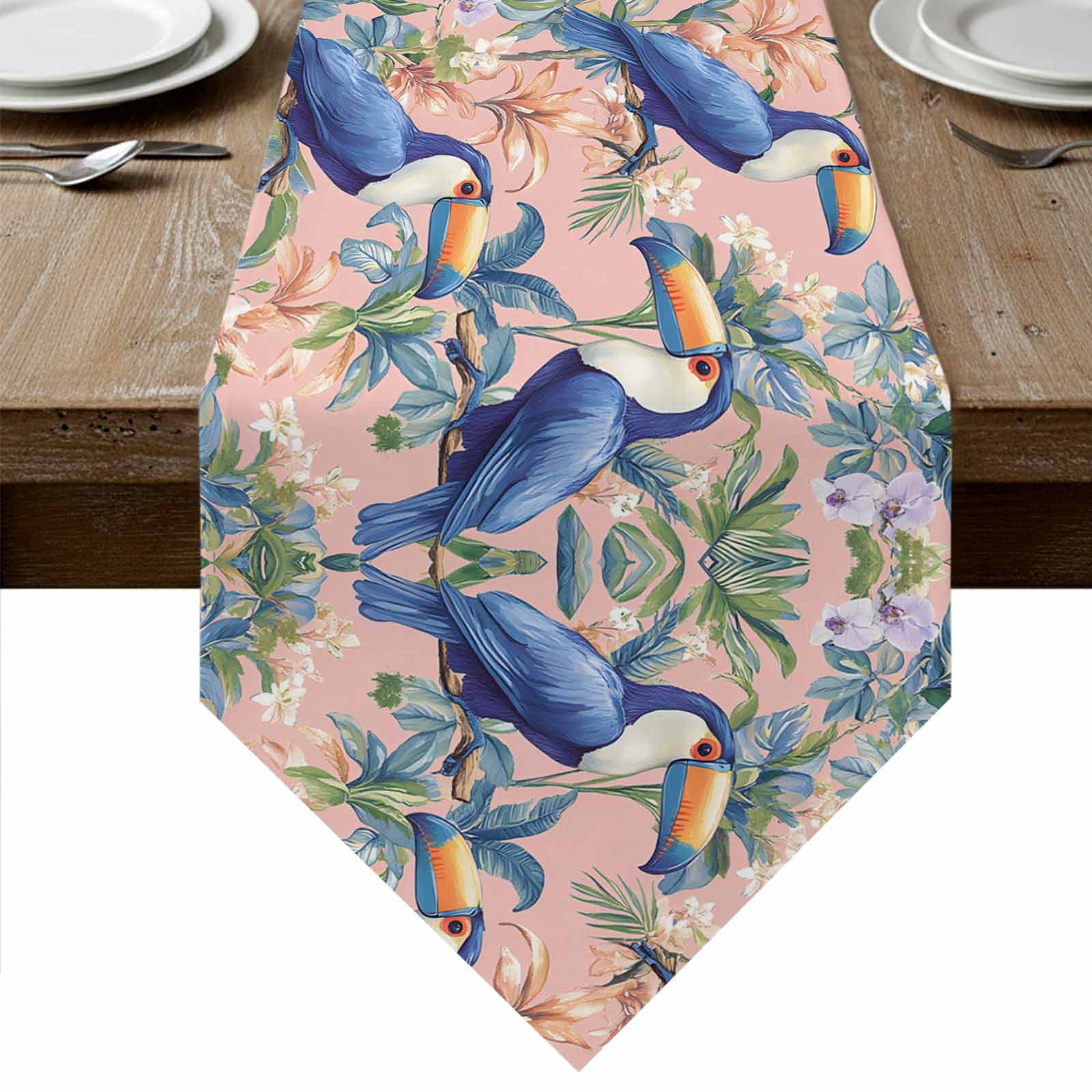 Blue Parrot Table Runner Linen Burlap Table Runner 90 Inches Long Retro ...