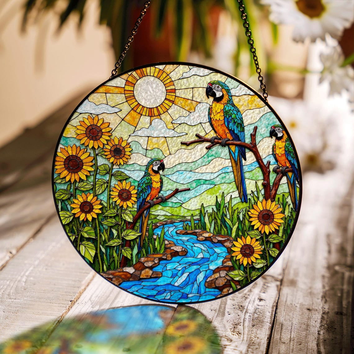 Blue Parrots Sunflowers River Glass Suncatcher, Nature Fans, 6.3 in ...