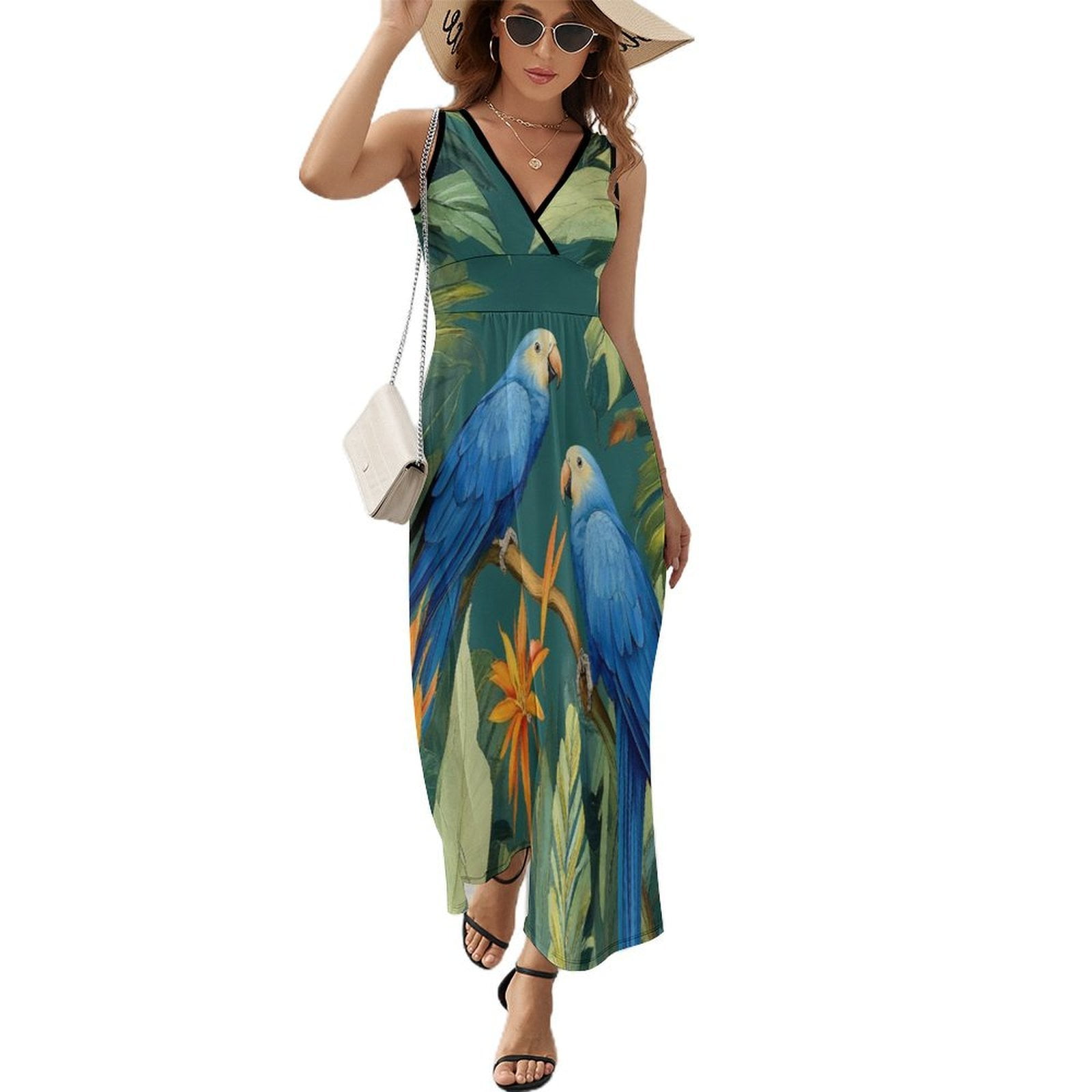 Blue Parrots Tropical Jungle Foliage Dress Summer Street Style Bohemia ...
