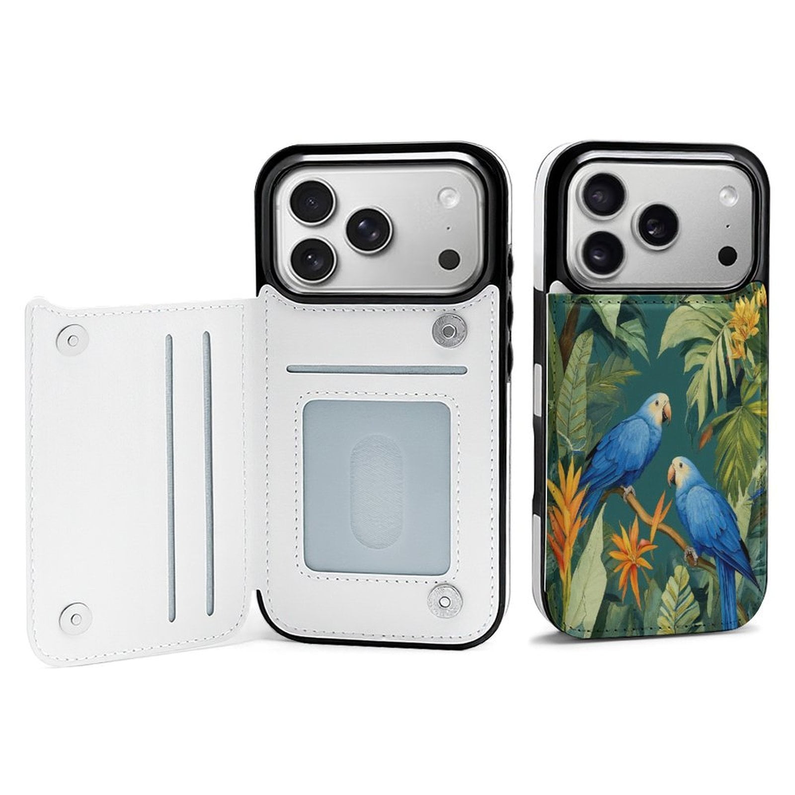 Blue Parrots Tropical Jungle Foliage Leather Wallet Case for iPhone 15 ...