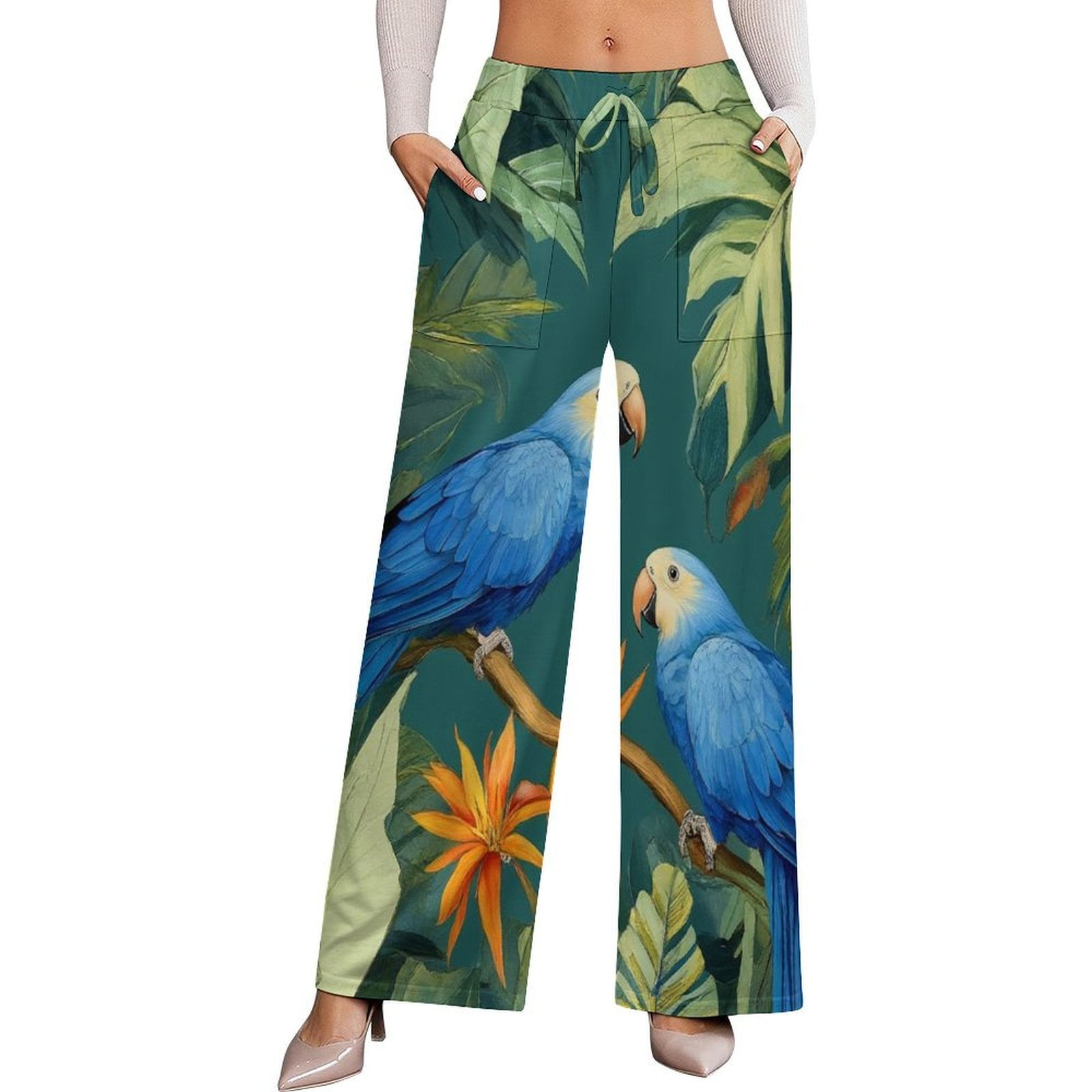 Blue Parrots Tropical Jungle Foliage Women's Casual Wide Leg Pants ...