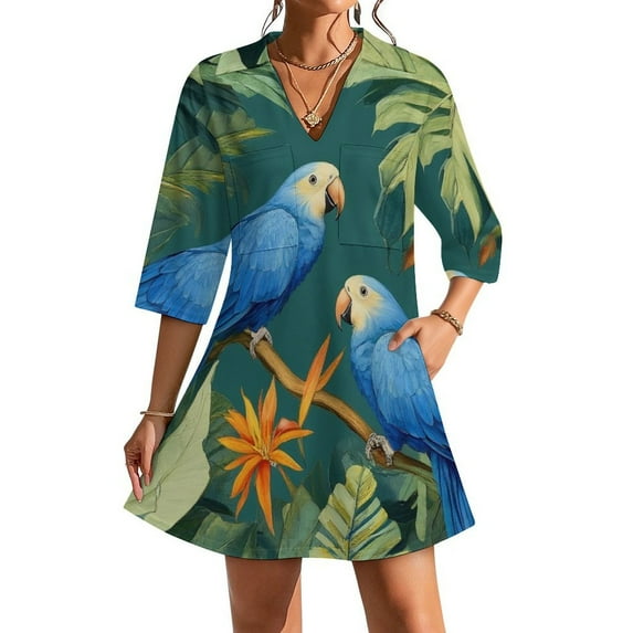 Blue Parrots Tropical Jungle Foliage Womens Dress With Pockets Summer V ...