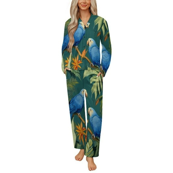 Blue Parrots Tropical Jungle Foliage Womens Pyjamas Set Button Up ...