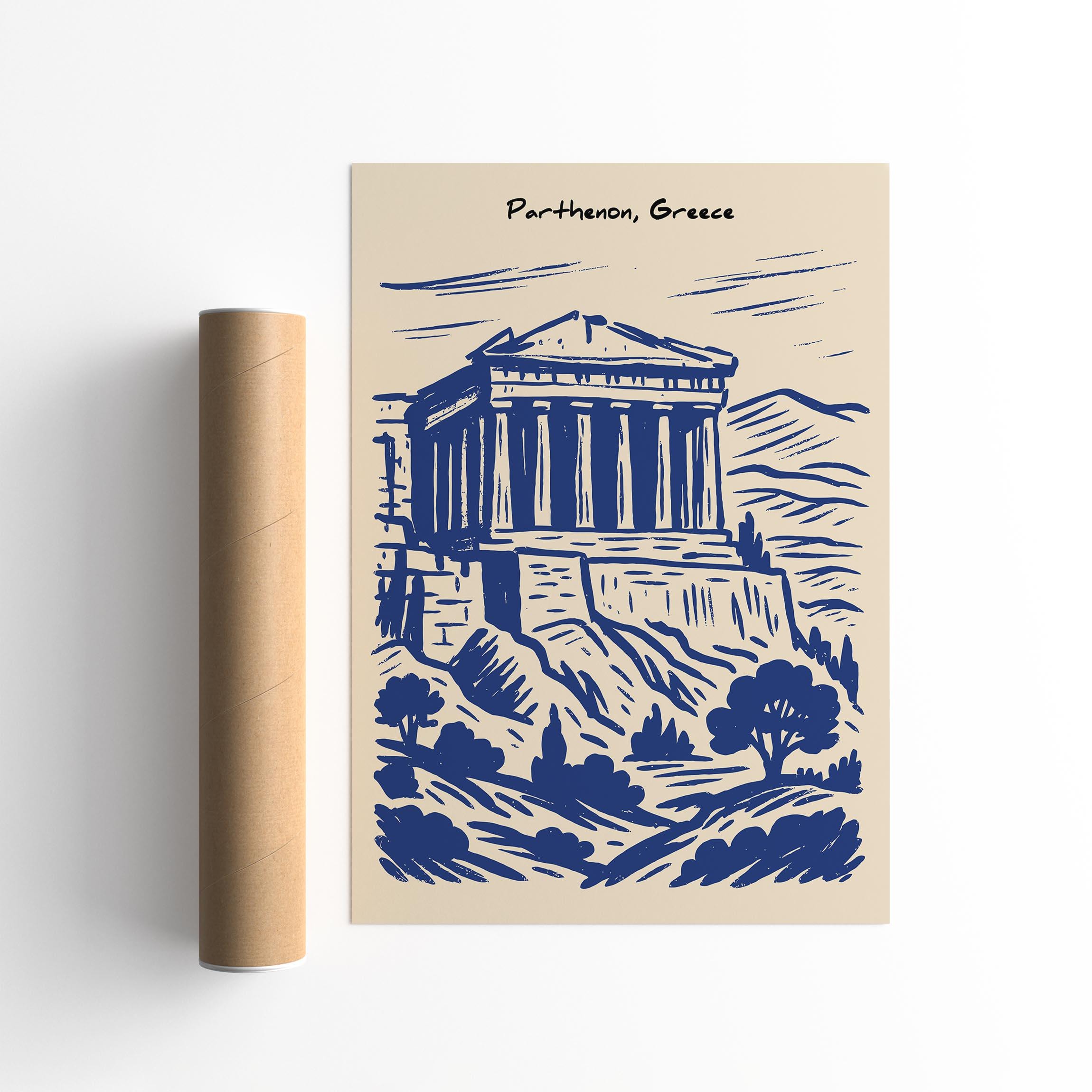 Blue Parthenon Greece Poster, Ancient Architecture Wall Art Print ...