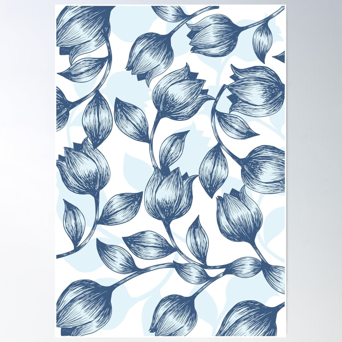 Blue Pastel Elegance: Tulip Silhouette Floral Pattern Poster Wall Art ...