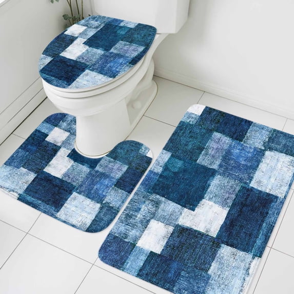 Blue Patchwork Bathroom Rugs Set Modern Abstract Dark Blue Patchwork ...