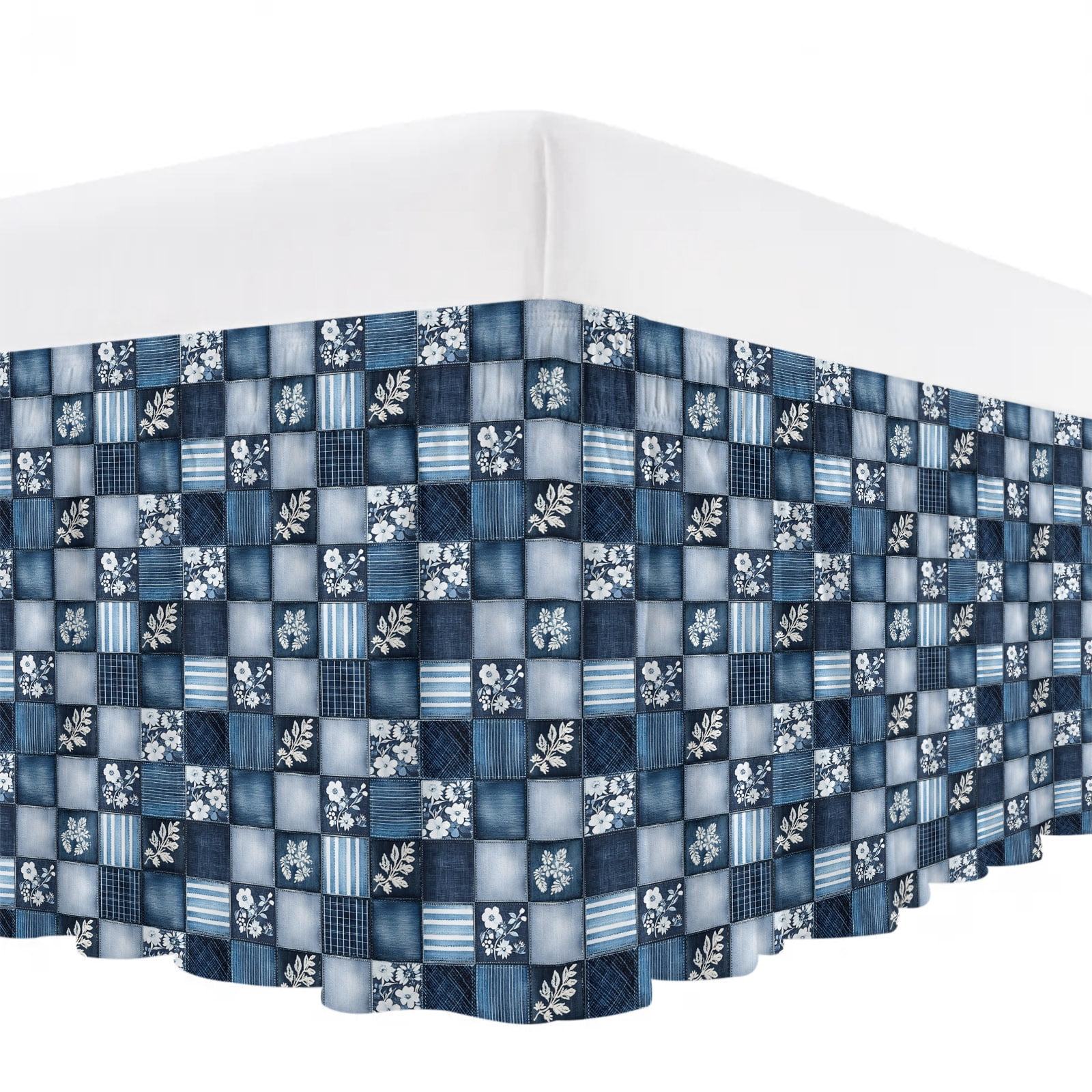 Blue Patchwork Bed Skirt Bed Skirts Queen Size 18 Inch Drop, Blue ...