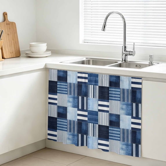 Blue Patchwork Cabinet Curtain, Blue Checkered Linen Texture Striped ...