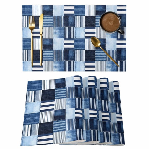 Blue Patchwork Cotton Linen Placemats Set of 12, Blue Checkered Linen ...